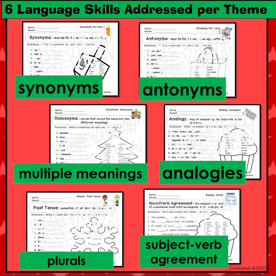 December Speech Therapy Upper Elementary Vocab & Grammar Worksheets ...