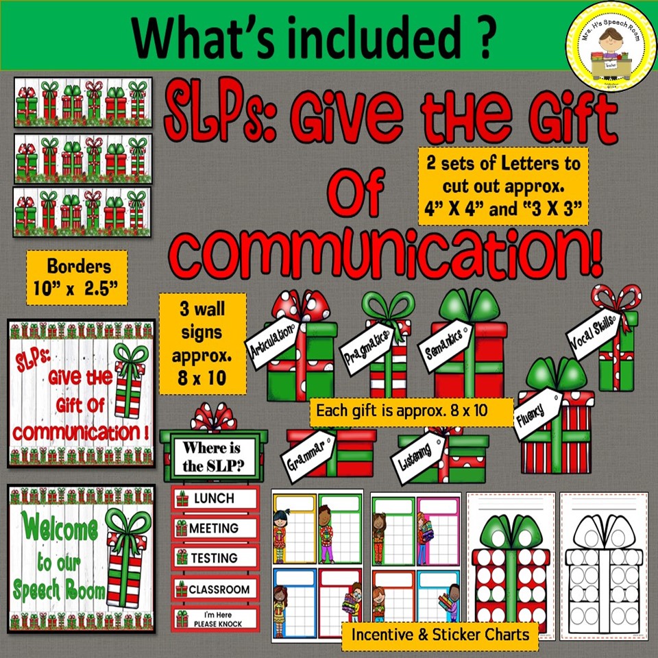Speech Therapy Bulletin Board and Room Decor December with Holiday Gift ...