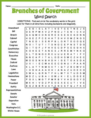Three Branches of US Government Word Search Puzzle Worksheet Activity ...