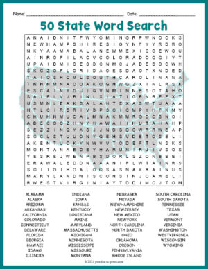 USA GEOGRAPHY Worksheet - All 50 (Fifty) US States Word Search Puzzle ...