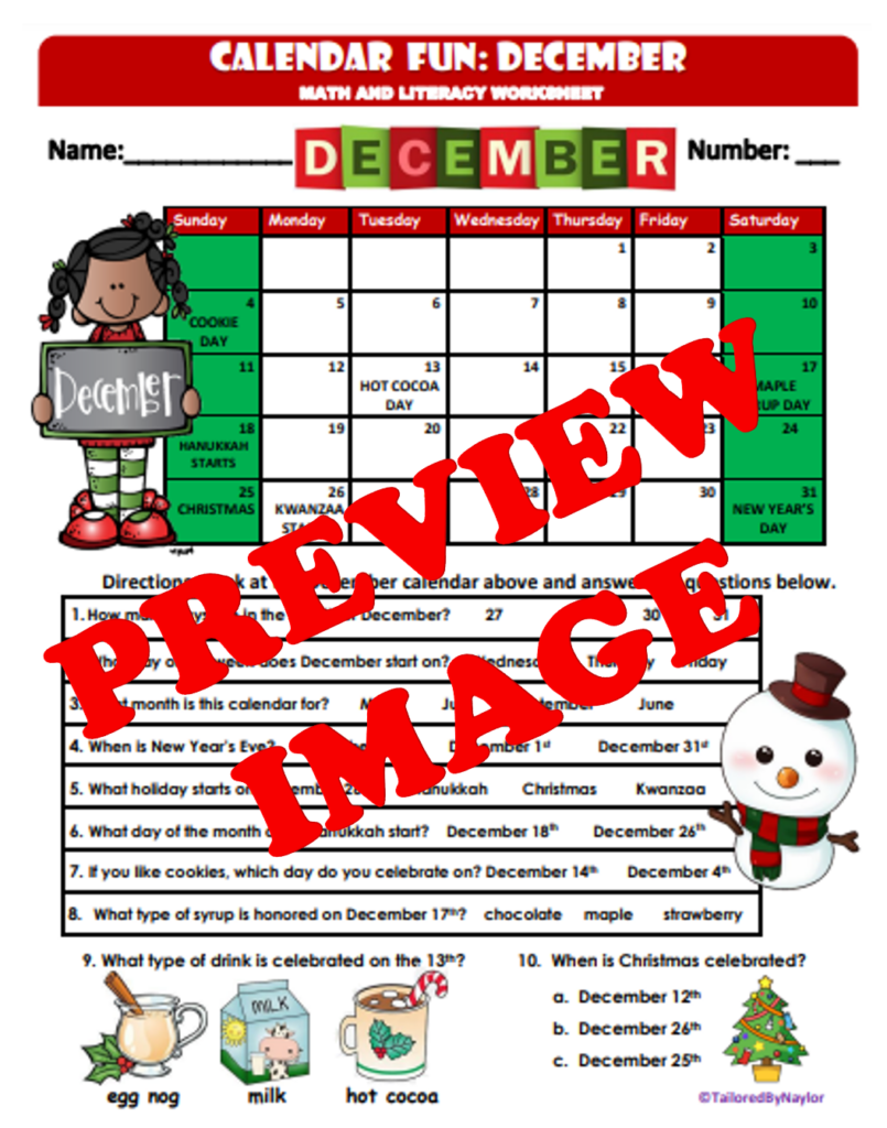 December Calendar Math and Literacy Worksheet | Made By Teachers