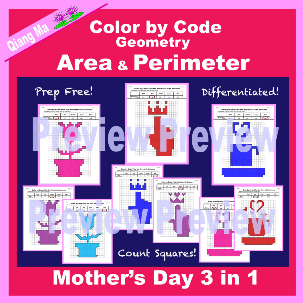 Mother's Day Color by Code: Area and Perimeter 3 in 1: Count Squares ...