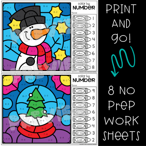 Winter Subtraction to 10 Color by Code Number NO PREP Coloring ...