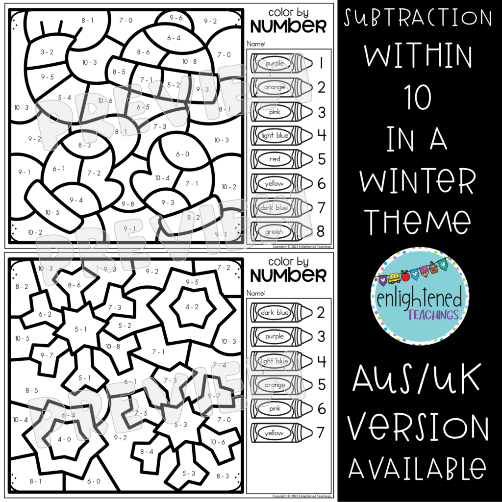 Winter Subtraction to 10 Color by Code Number NO PREP Coloring ...