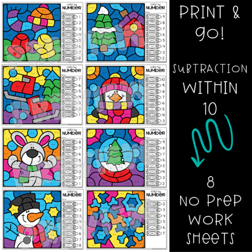 Winter Subtraction to 10 Color by Code Number NO PREP Coloring ...