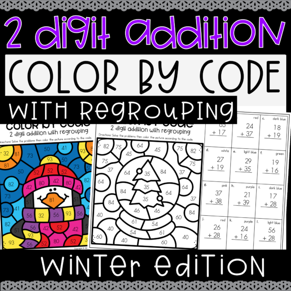 Winter 2 Digit Addition with Regrouping Worksheets Color by Code | Made ...