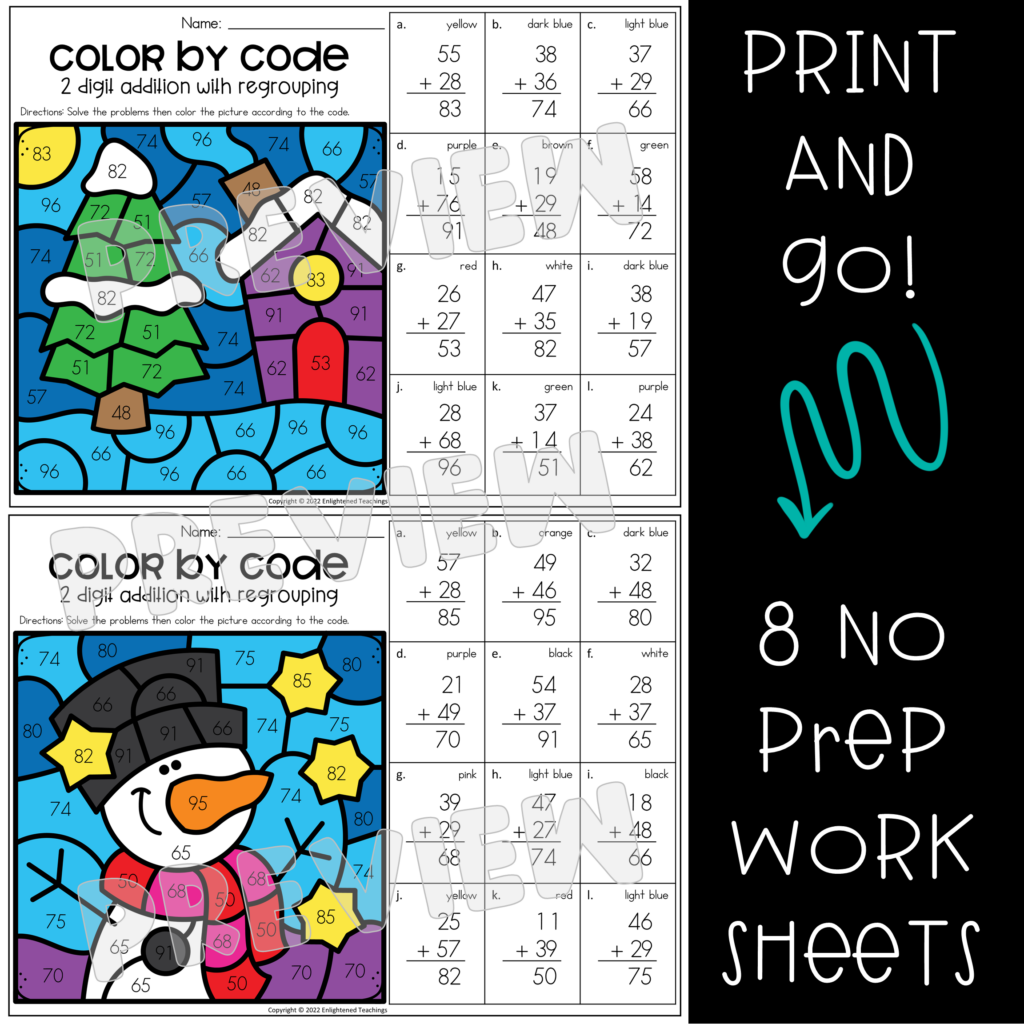 Winter 2 Digit Addition with Regrouping Worksheets Color by Code | Made ...