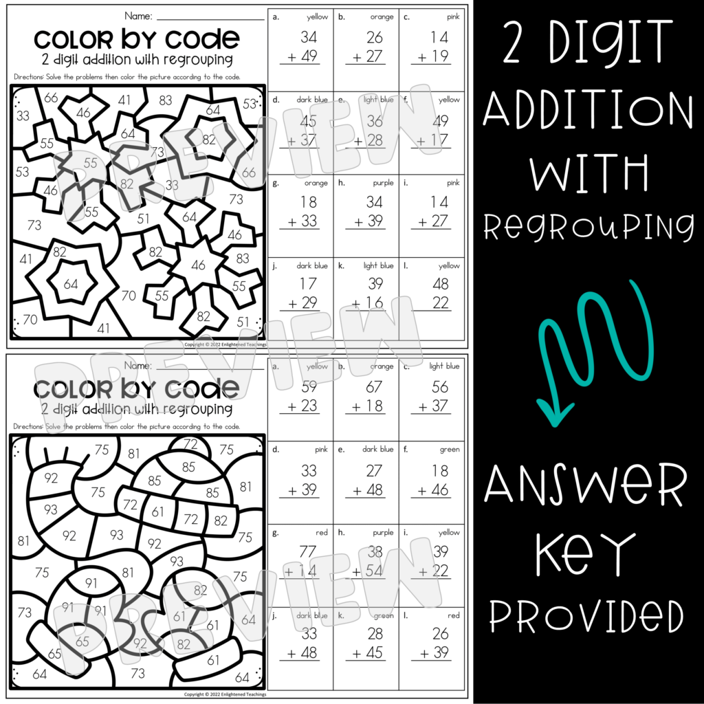 Winter 2 Digit Addition with Regrouping Worksheets Color by Code | Made ...