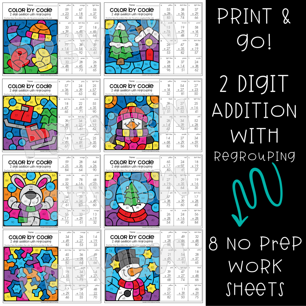 Winter 2 Digit Addition with Regrouping Worksheets Color by Code | Made ...