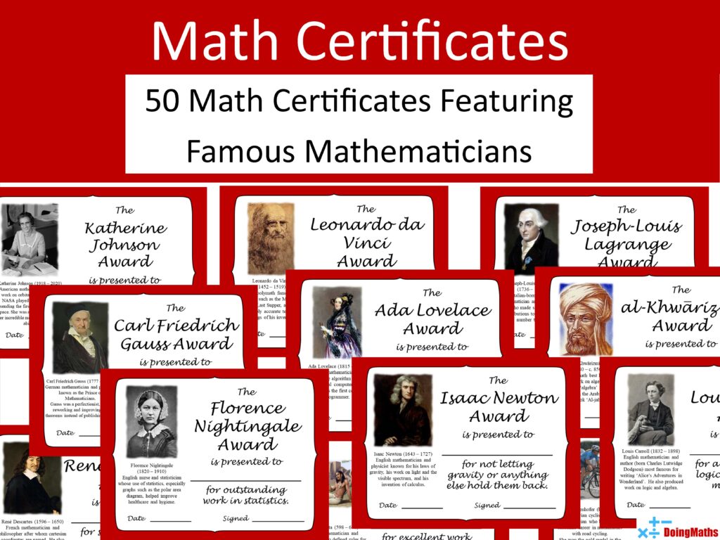 Math Certificates - Pack of 50 certificates featuring famous ...