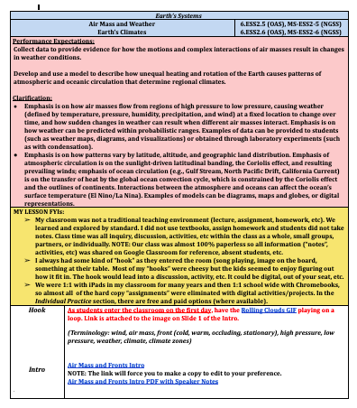 6th Science Lesson Air Mass/Weather, Climate OAS 6.ESS2.5,2.6 NGSS MS ...