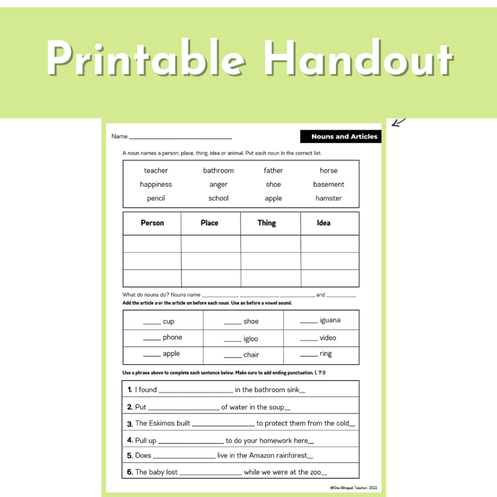 Nouns & Articles Lesson & Handout for ESL students | Made By Teachers