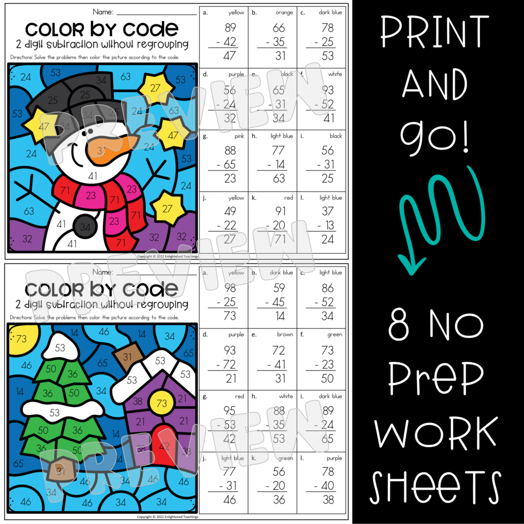 Winter 2 Digit Subtraction without Regrouping Worksheet Color by Code ...