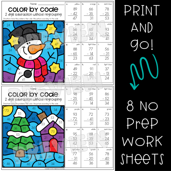 Winter 2 Digit Subtraction without Regrouping Worksheet Color by Code ...