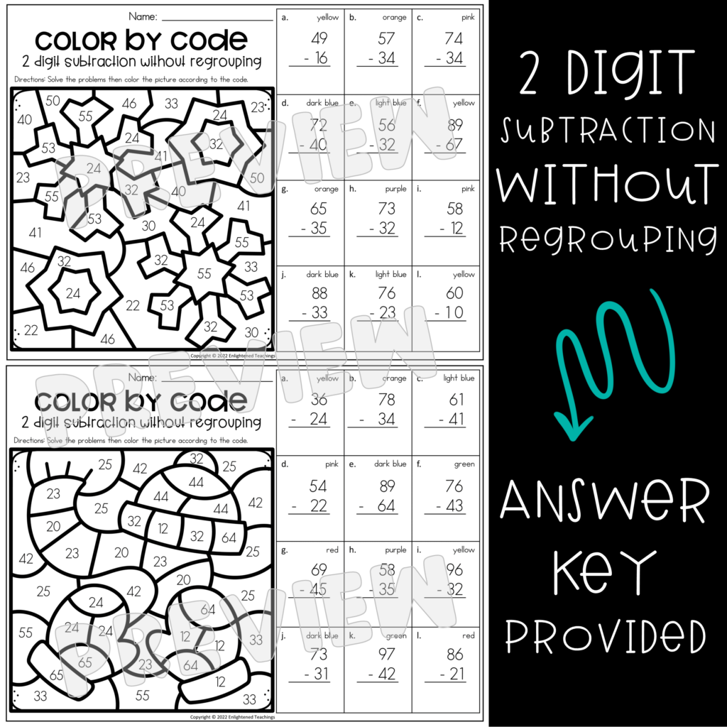 Winter 2 Digit Subtraction without Regrouping Worksheet Color by Code ...