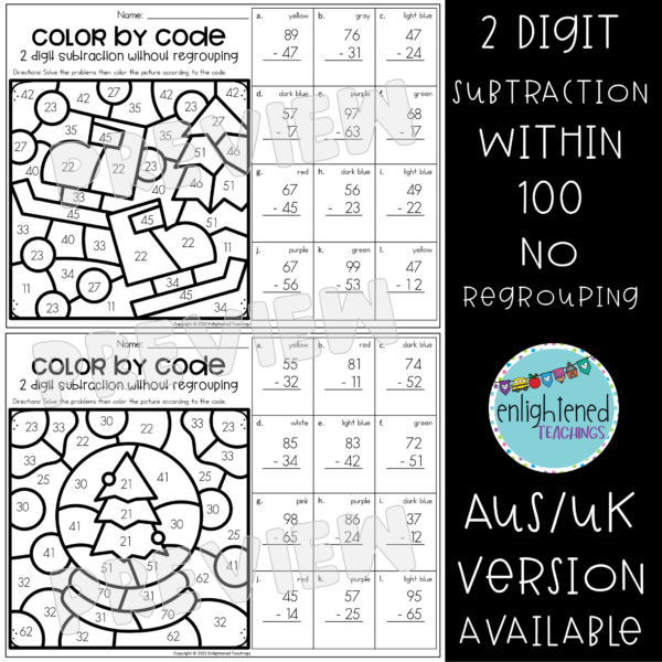 Winter 2 Digit Subtraction without Regrouping Worksheet Color by Code ...