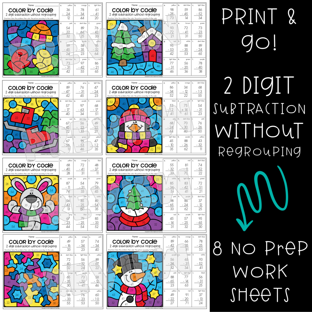 Winter 2 Digit Subtraction without Regrouping Worksheet Color by Code ...