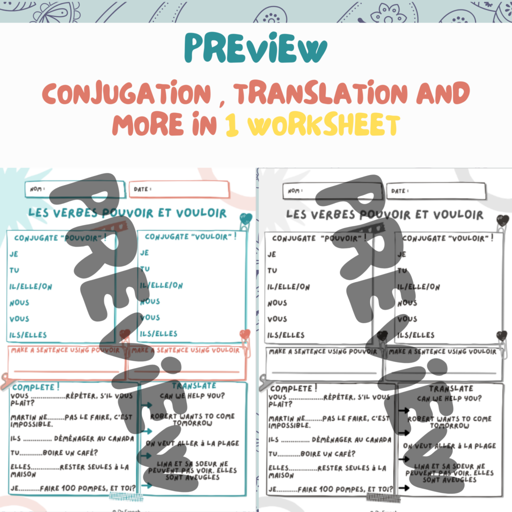 French Verbs Pouvoir and Vouloir Worksheet ( présent de l'indicatif ...