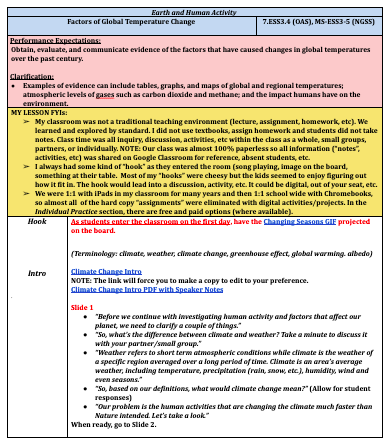 7th Science Lesson Factors of Global Temp Change OAS 7.ESS3.5 NGSS MS ...