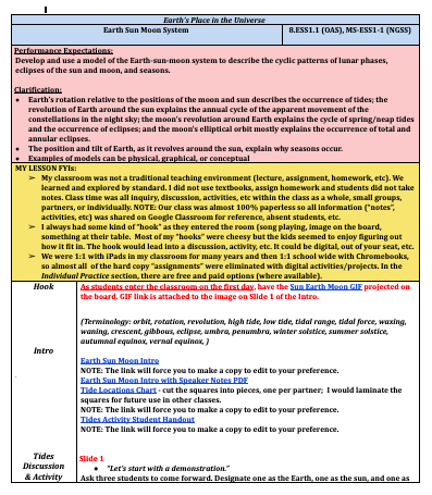 8th Science Lesson Earth Sun Moon System OAS 8.ESS1.1 NGSS MS-ESS1-1 ...
