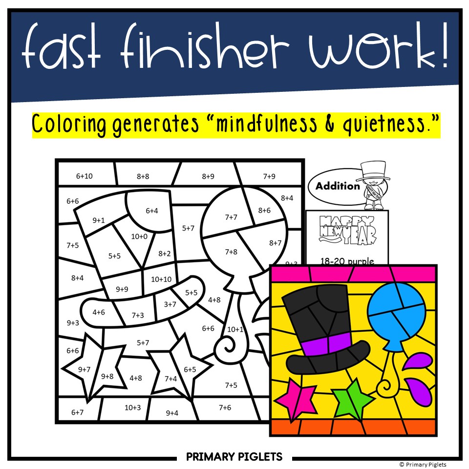 New Years Math Coloring Pages Addition Sums 10 to 20 Color by Number ...