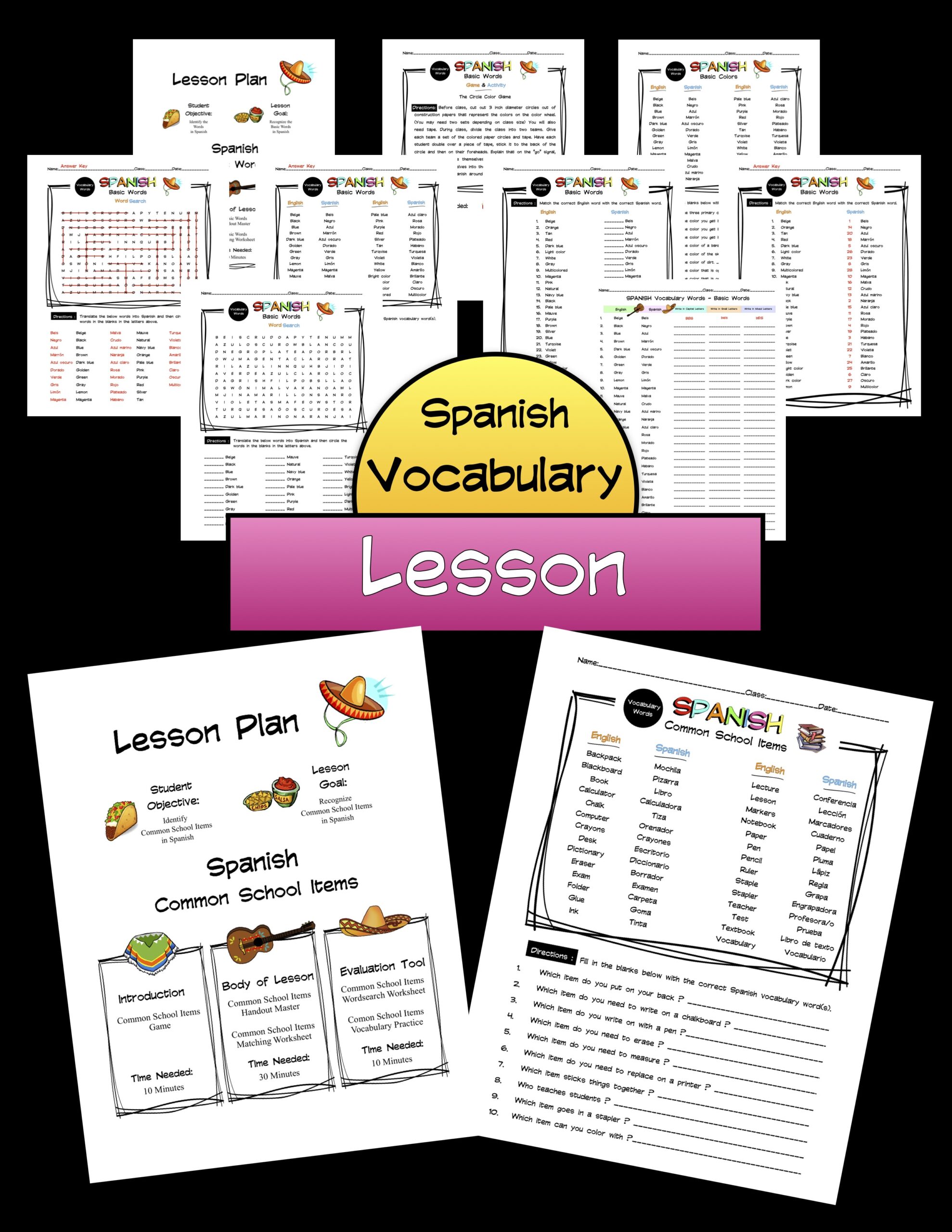 Spanish School Items Lesson Packet | Made By Teachers