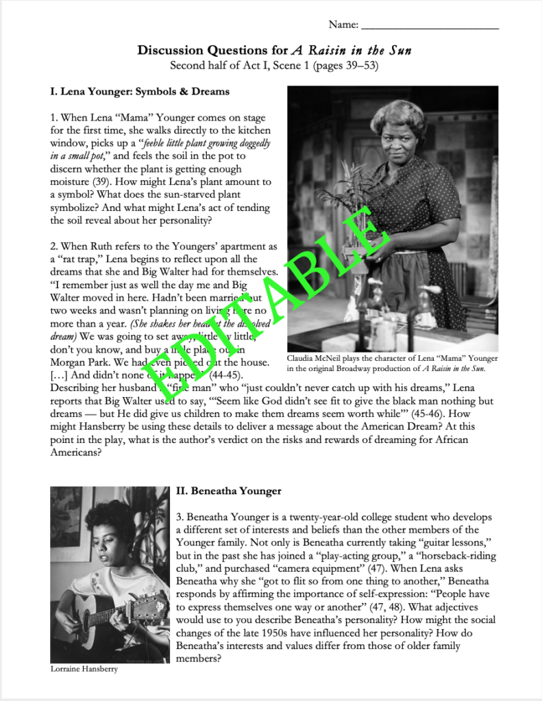A RAISIN IN THE SUN Unit Plan: Discussion Prompts, Worksheets, Reading ...
