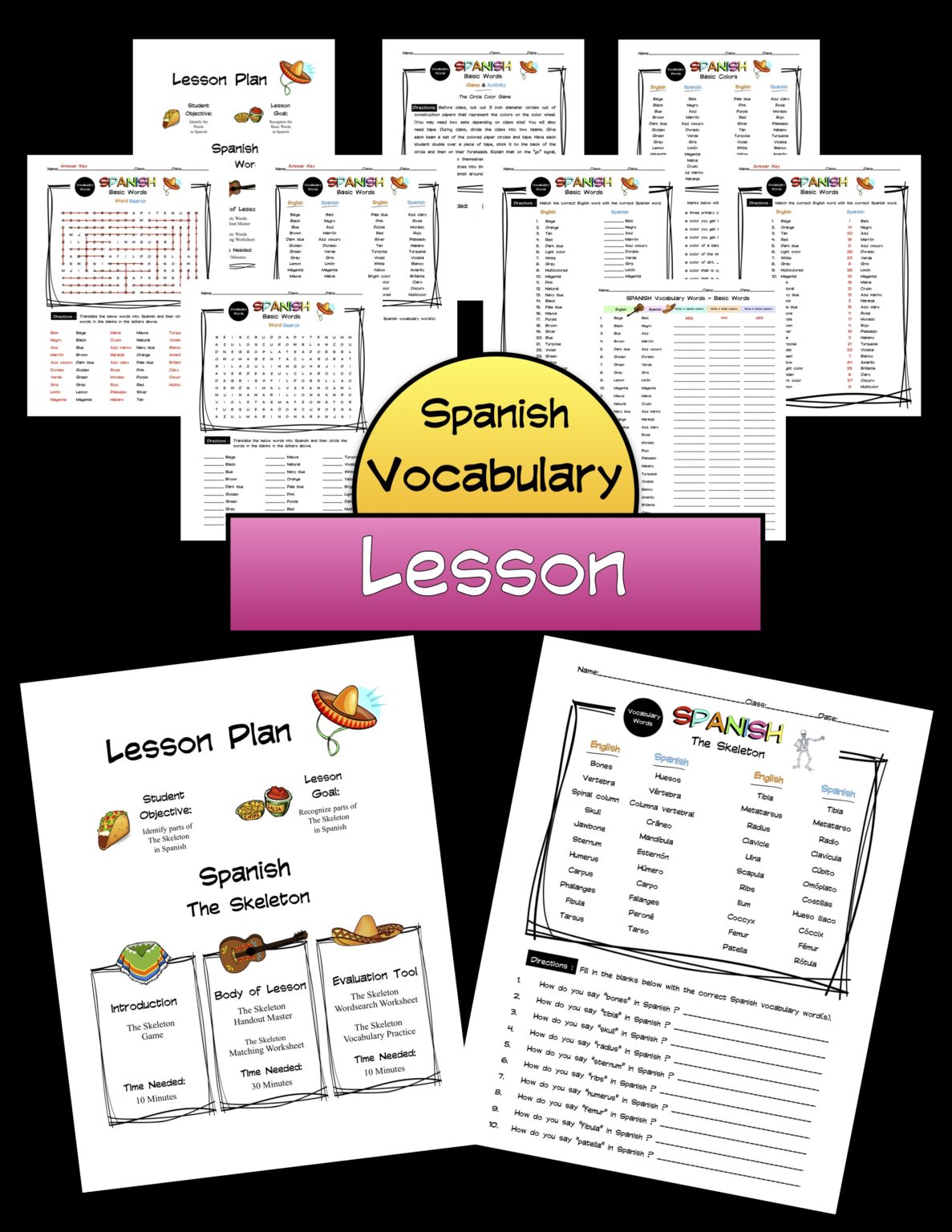 Spanish Skeleton Words Lesson Packet | Made By Teachers