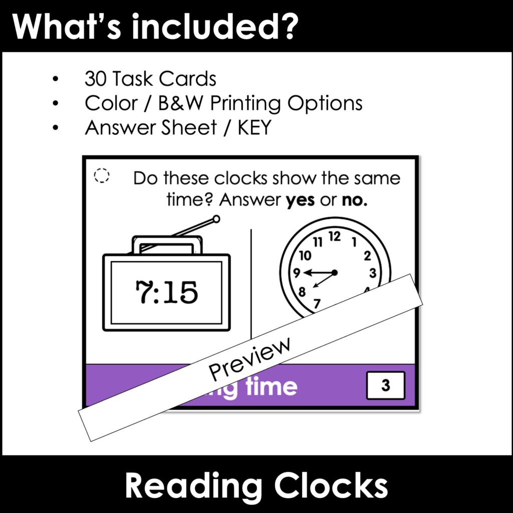 Telling Time Task Cards | Comparing Clocks - Half hour & quarter hour ...