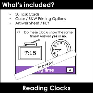 Telling Time Task Cards | Comparing Clocks - Half hour & quarter hour ...