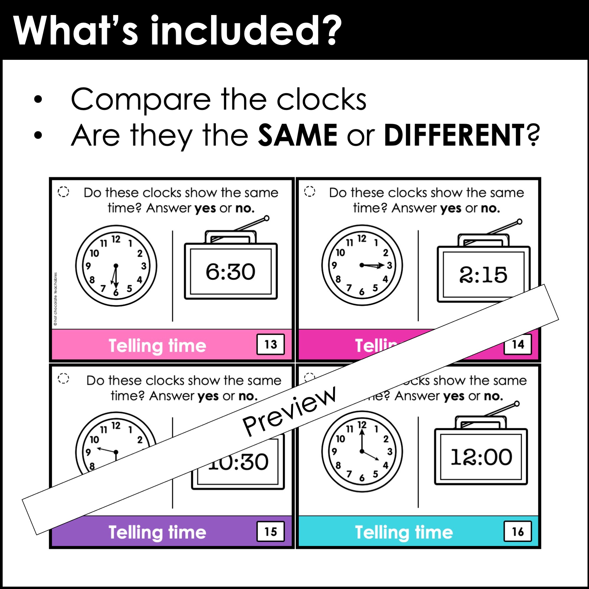 Telling Time Task Cards | Comparing Clocks - Half hour & quarter hour ...