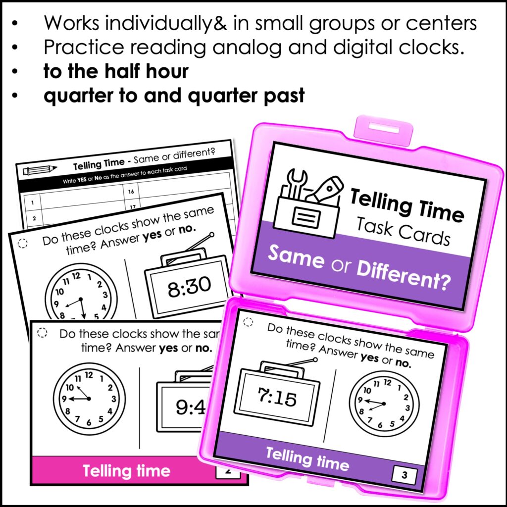 Telling Time Task Cards | Comparing Clocks - Half hour & quarter hour ...