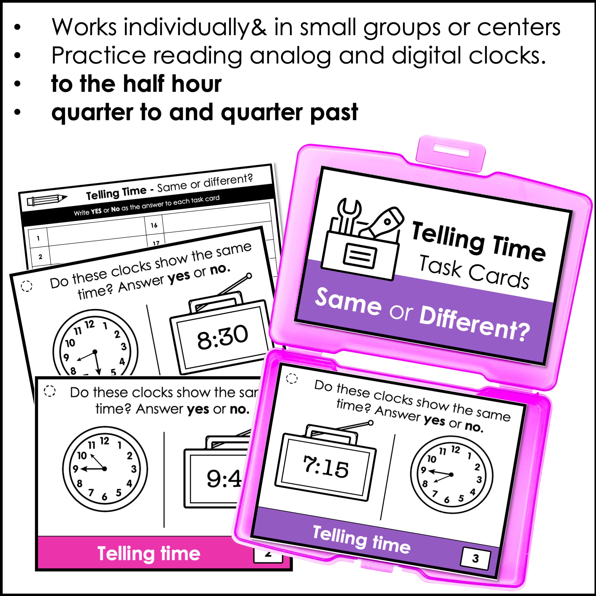 Telling Time Task Cards | Comparing Clocks - Half hour & quarter hour ...