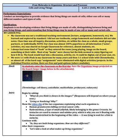 6th Science Lesson Cells and Living Things OAS 6.LS1.1 NGSS MS-LS1-1 ...
