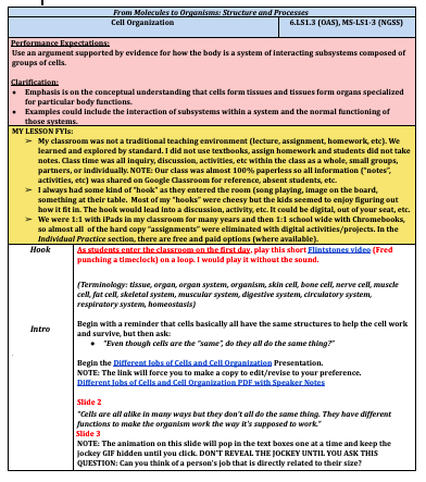 6th Science Lesson Levels of Cell Organization OAS 6.LS1.3 NGSS MS-LS1 ...