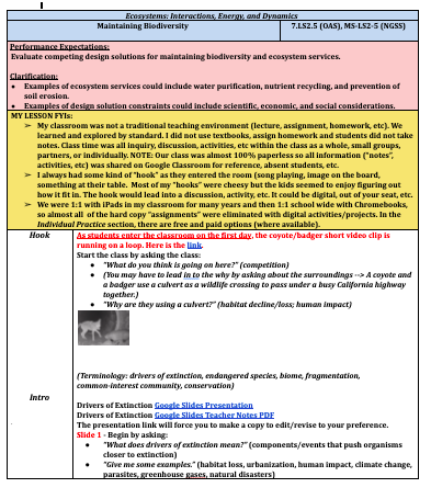 7th Science Lesson Maintaining Biodiversity OAS 7.LS2.5 NGSS MS-LS2-5 ...