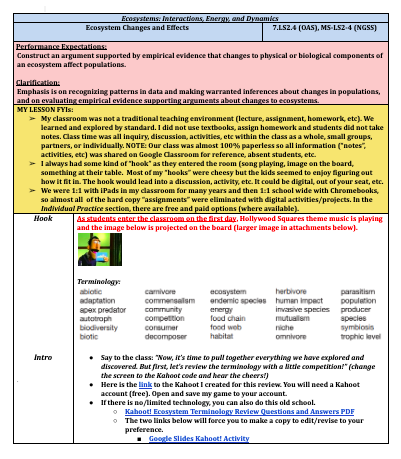 7th Science Lesson Ecosystem Changes and Effects OAS 7.LS2.4 NGSS MS ...