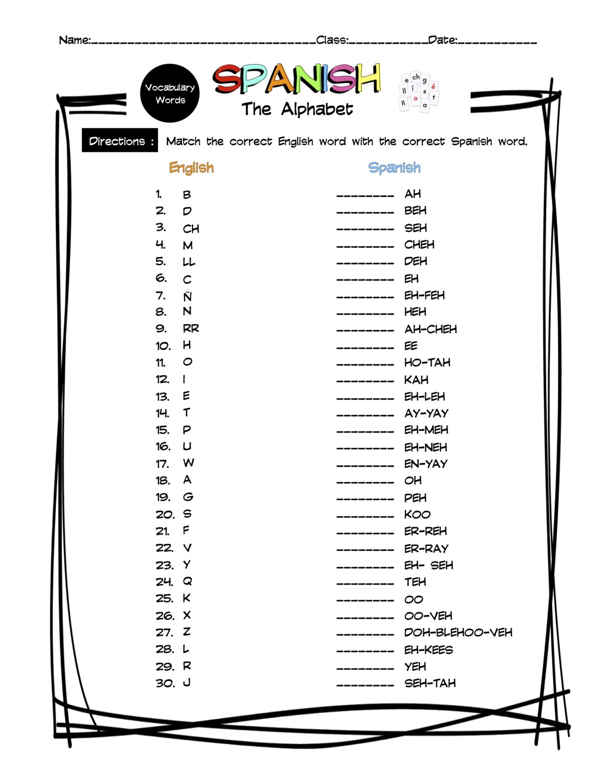 Spanish Common School Classes Vocabulary Word List Worksheet & Answer ...