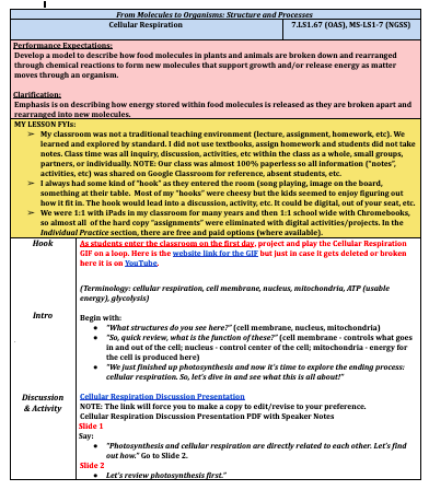 7th Science Lesson Cellular Respiration OAS 7.LS1.7 NGSS MS-LS1-7 ...