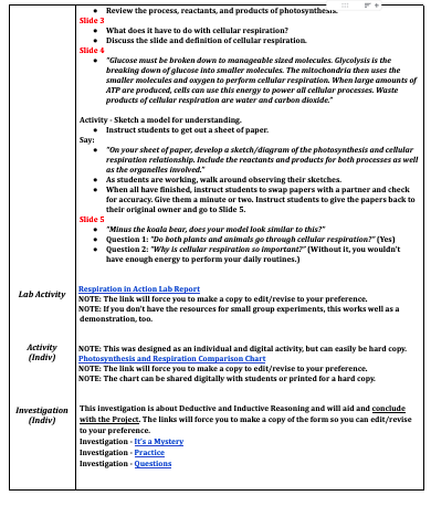 7th Science Lesson Cellular Respiration OAS 7.LS1.7 NGSS MS-LS1-7 ...