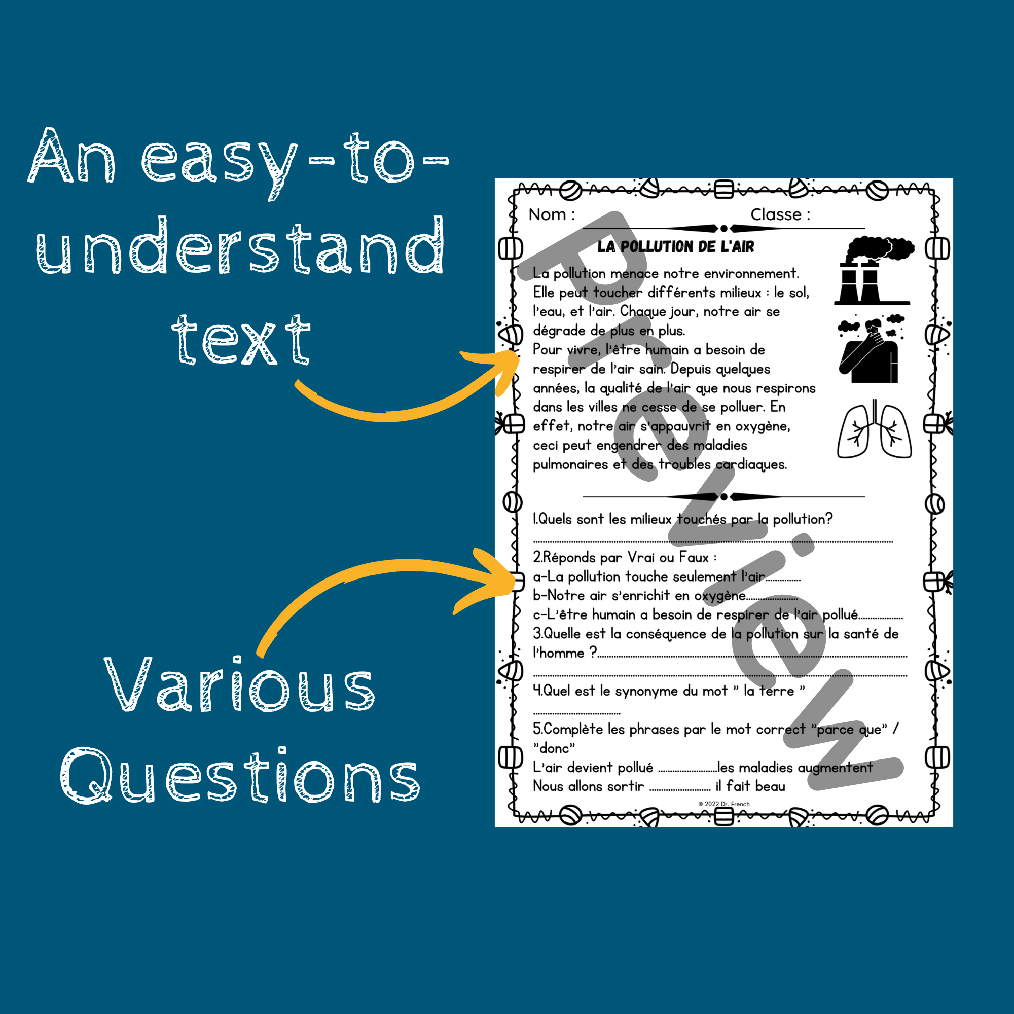 La Pollution de L'air. French Reading Comprehension Activity For ...