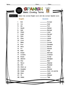 Spanish Cooking Terms Vocabulary Matching Worksheet & Answer Key | Made ...