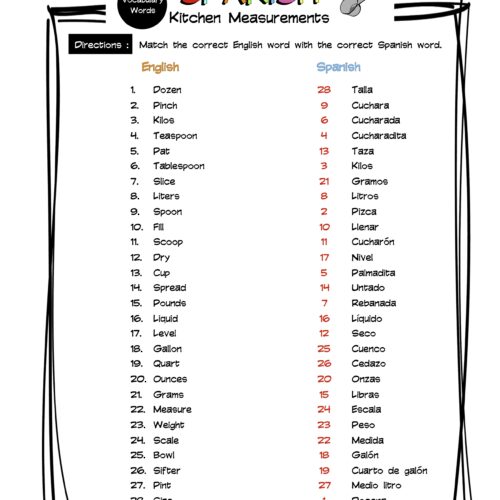 Spanish Kitchen Measurements Vocabulary Matching Worksheet & Answer Key ...