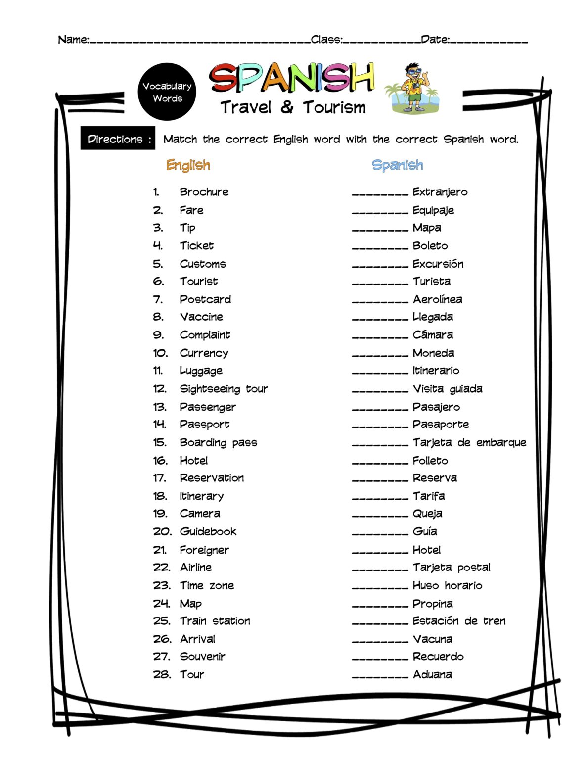 Spanish Travel Tourism Vocabulary Matching Worksheet Answer Key