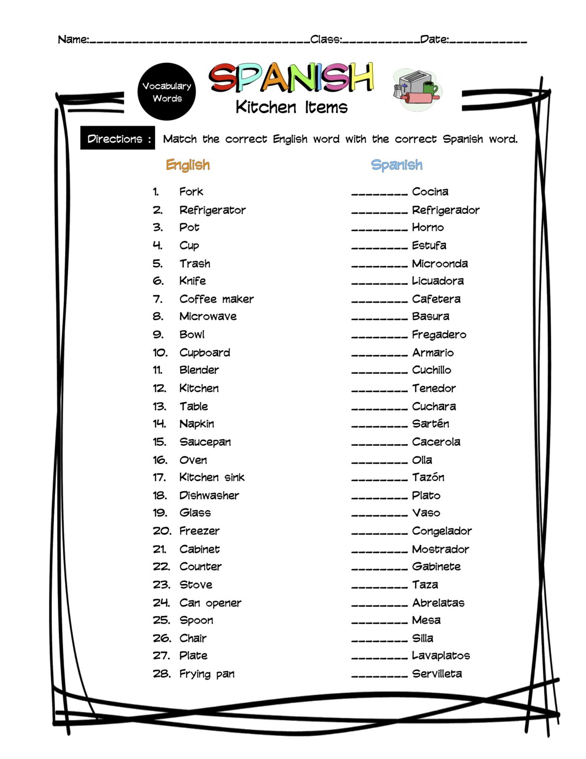 Spanish Study/Office Items Vocabulary Word List Column Worksheet | Made ...
