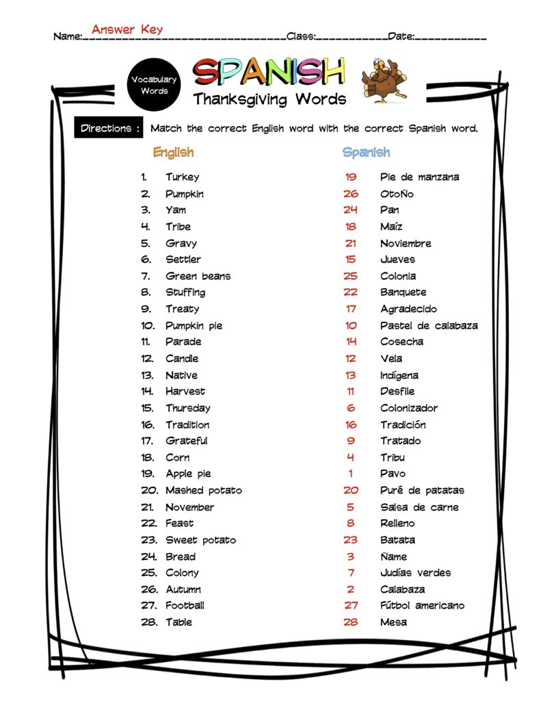 spanish-thanksgiving-vocabulary-matching-worksheet-answer-key-made