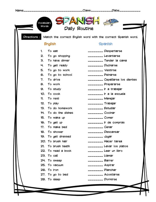 Spanish Daily Routine Vocabulary Matching Worksheet & Answer Key | Made ...