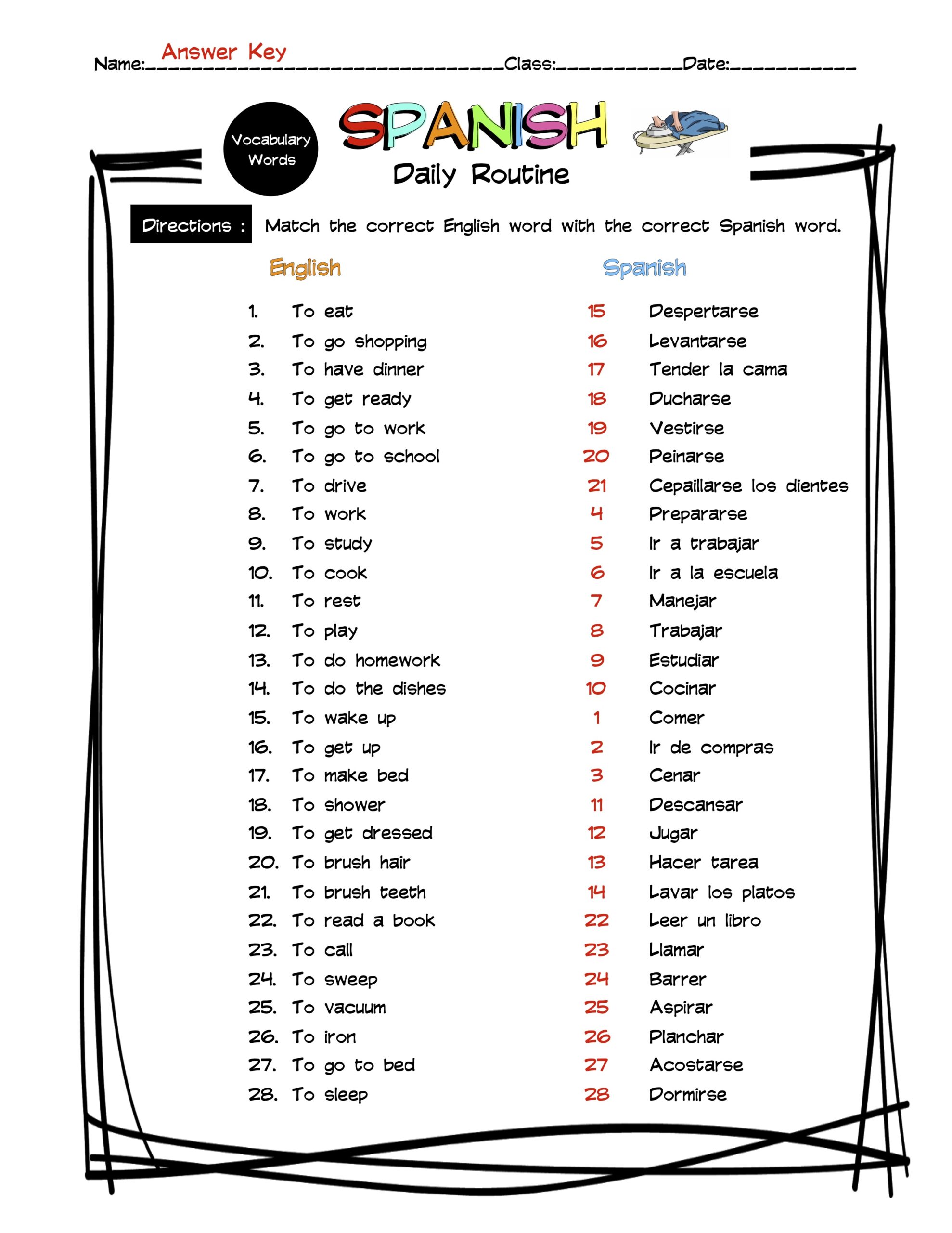 Spanish Daily Routine Vocabulary Matching Worksheet Answer Key Made