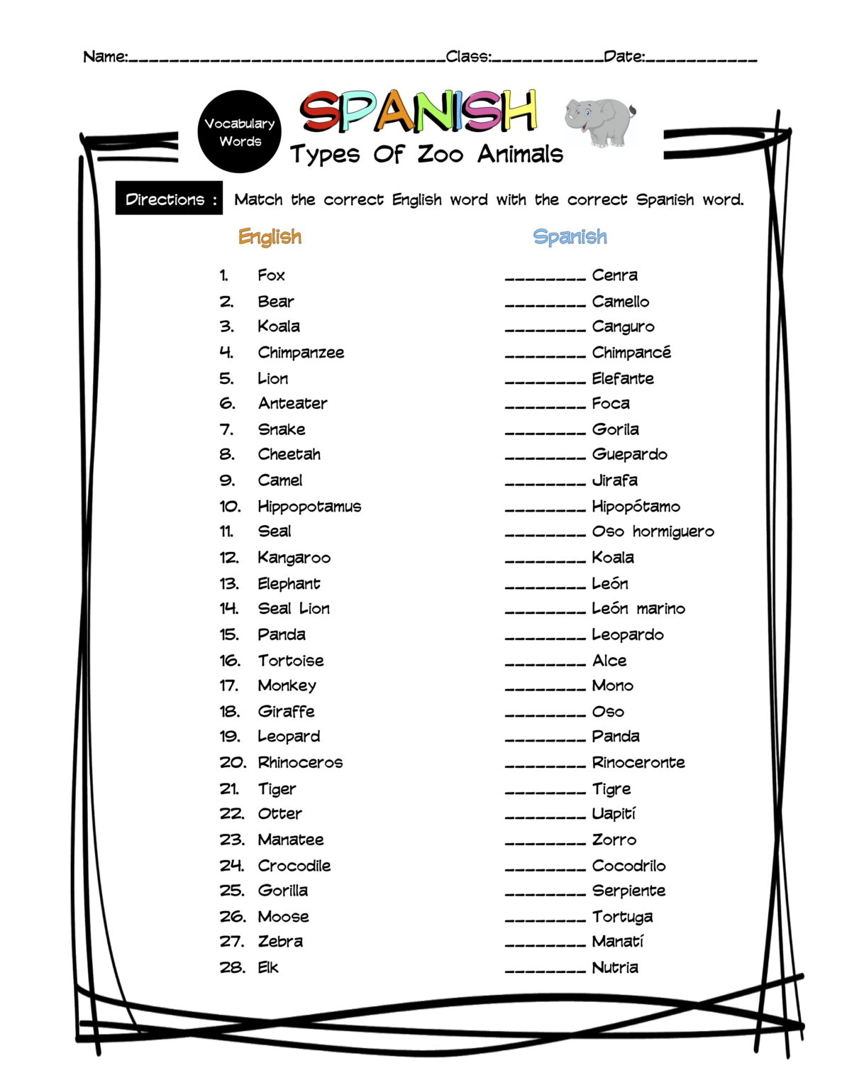 Spanish Zoo Animals Vocabulary Matching Worksheet Answer Key Made