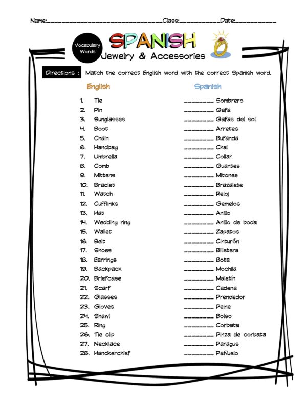 Spanish Jewelry & Accessories Vocabulary Matching Worksheet & Answer ...